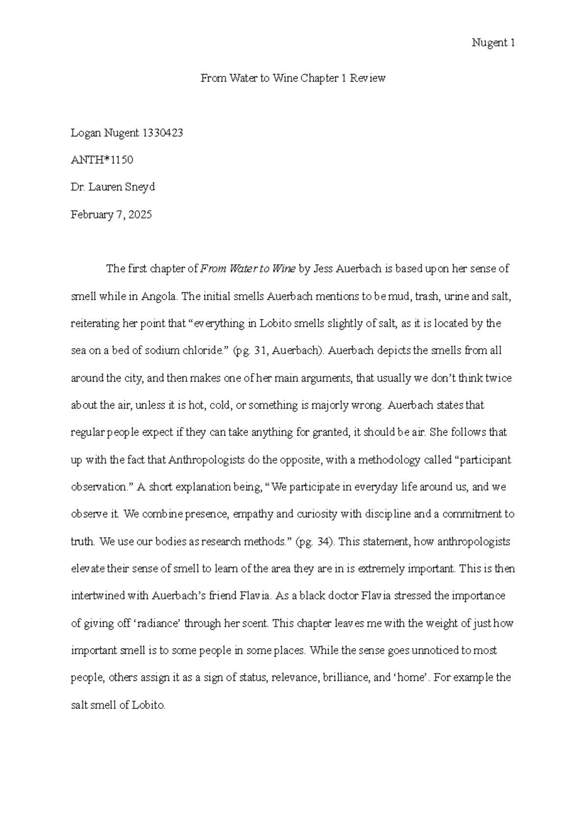 ANTH* From Water to Wine Chapter 1 Analysis and Reflection - Studocu