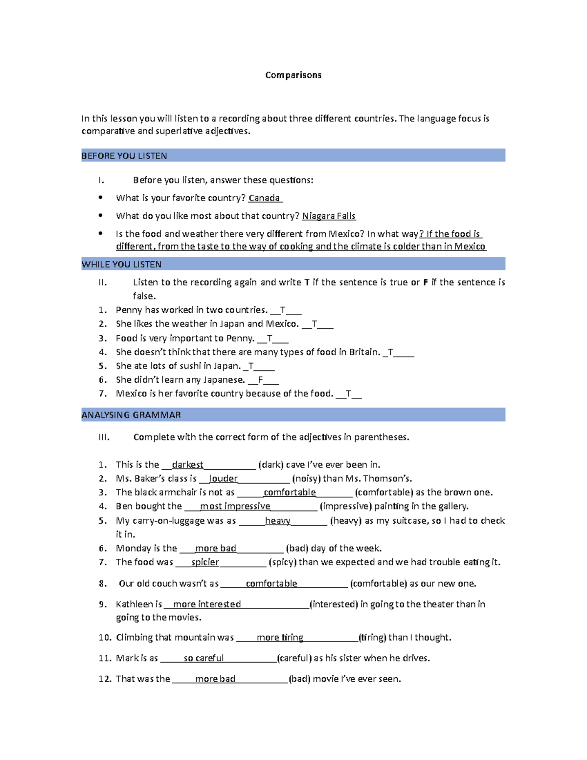 1.6 Comparisons worksheet - Comparisons In this lesson you will listen ...