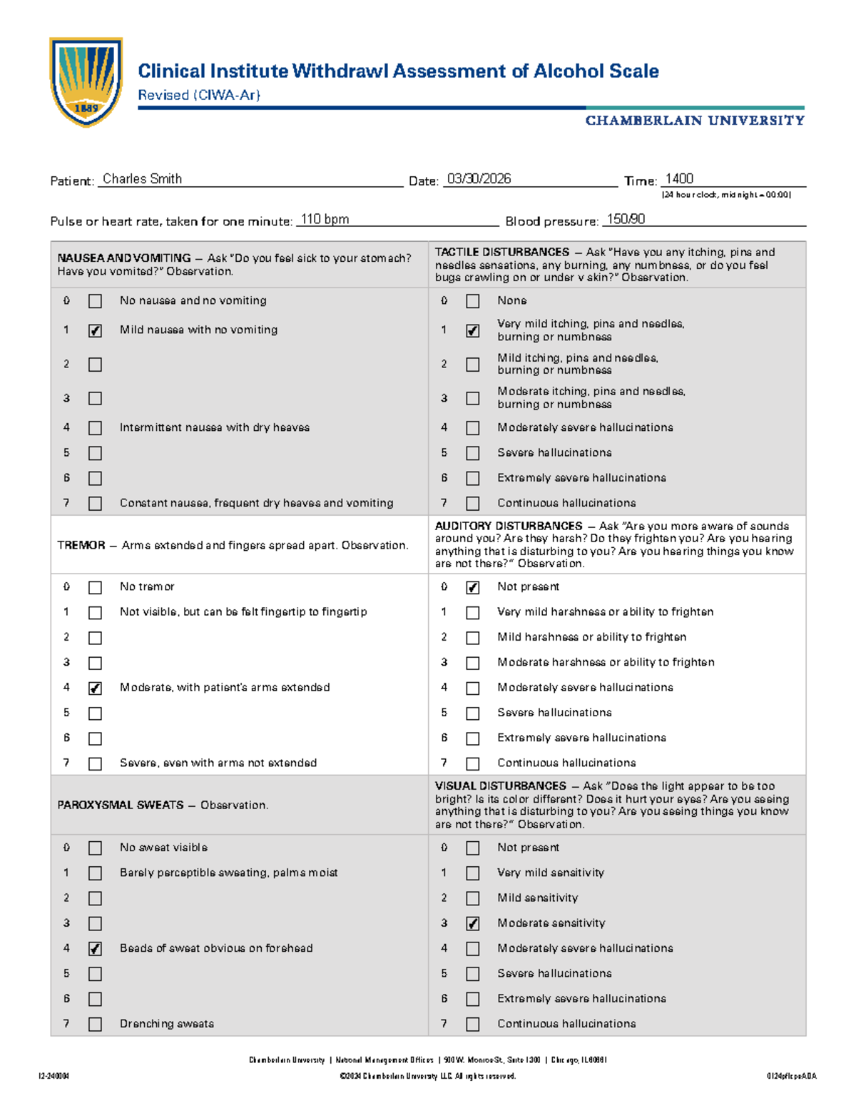 CIWA Assessment for Alcohol Withdrawal: Patient Charles Smith - Studocu