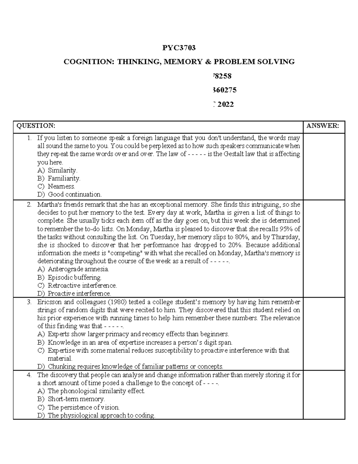 PYC3703 ASS 1 - Answer - PYC COGNITION: THINKING, MEMORY & PROBLEM SOLVING ASSIGNMENT ONE: - Studocu