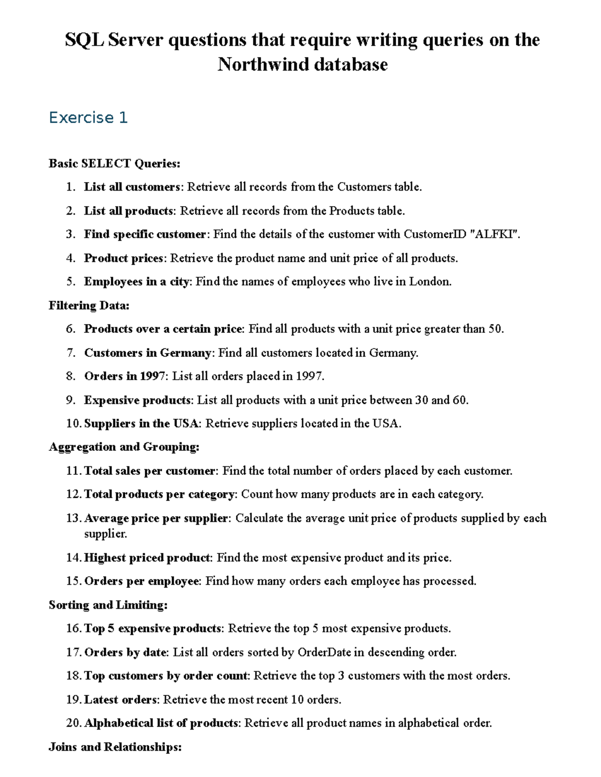 SQL SV Query on Northwind database - SQL Server questions that require ...