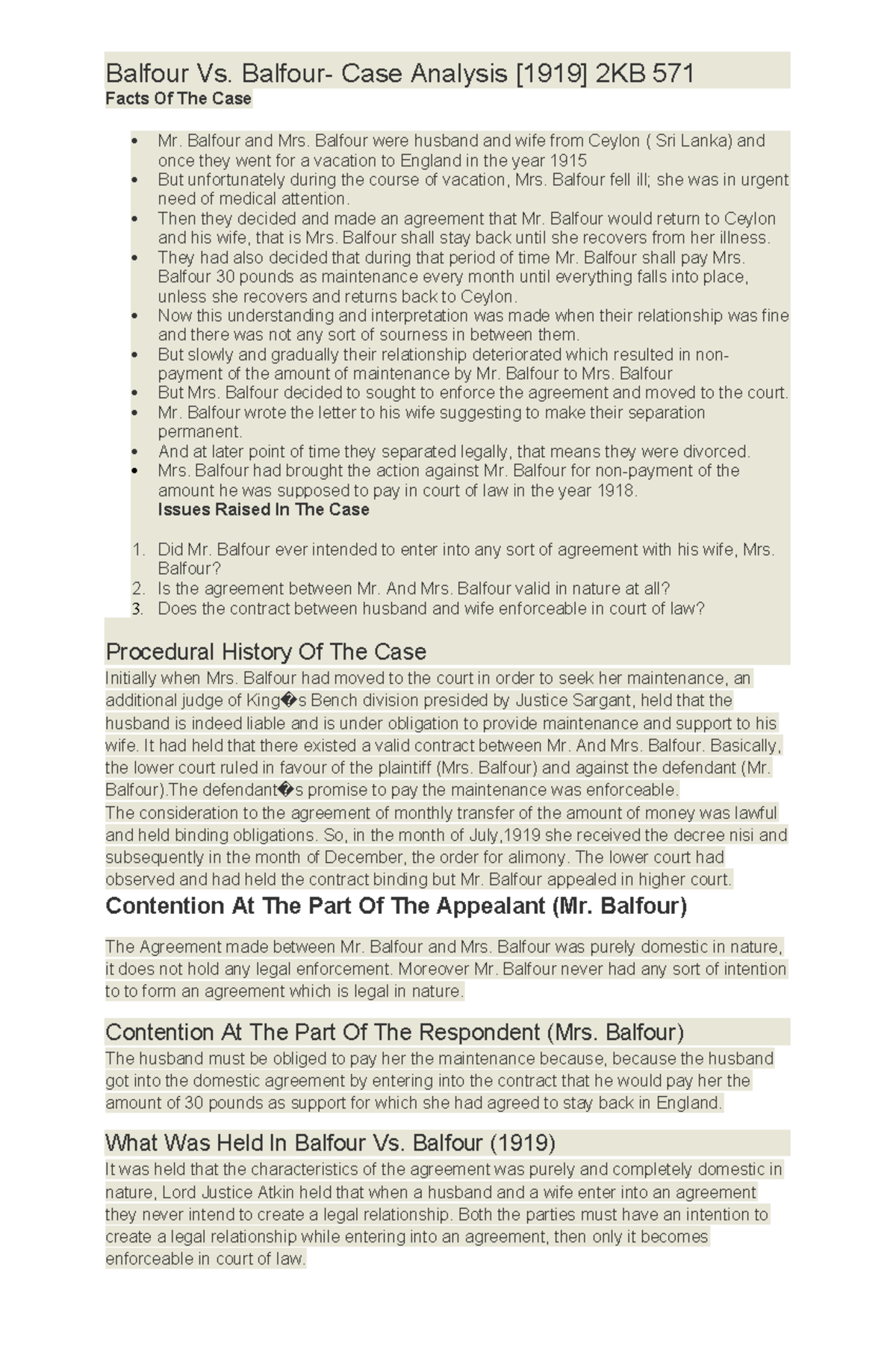 Balfour vs. Balfour Case Analysis 2KB 571: Legal Relationship Issues ...