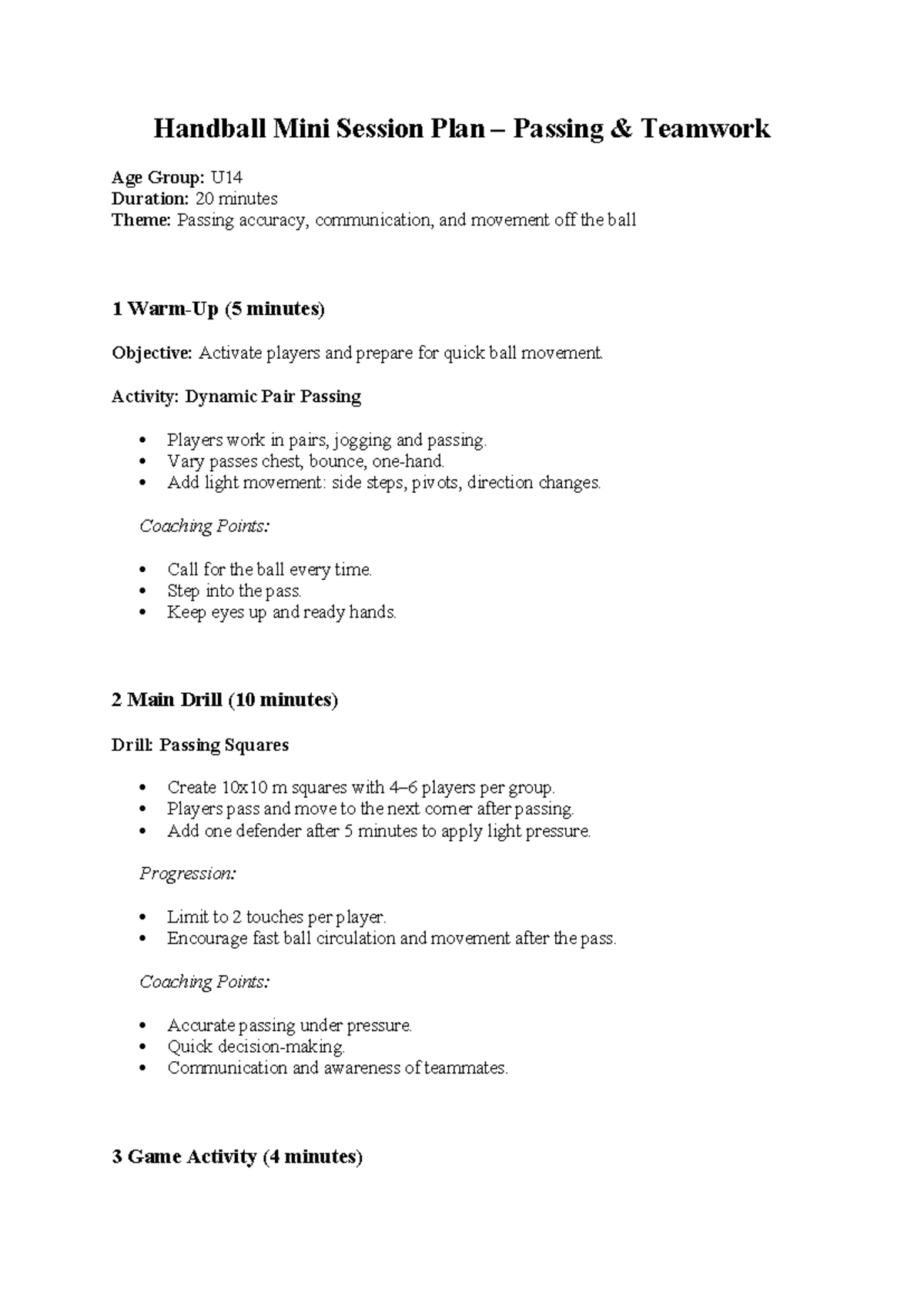 Handball Mini Session Plan: U14 Passing & Teamwork (20 min) - Studocu