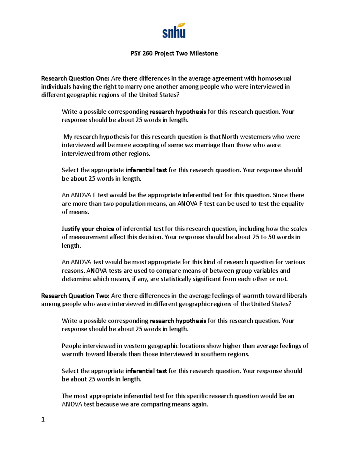 PSY260 Project Two Milestone: Hypotheses & Inferential Tests Analysis ...