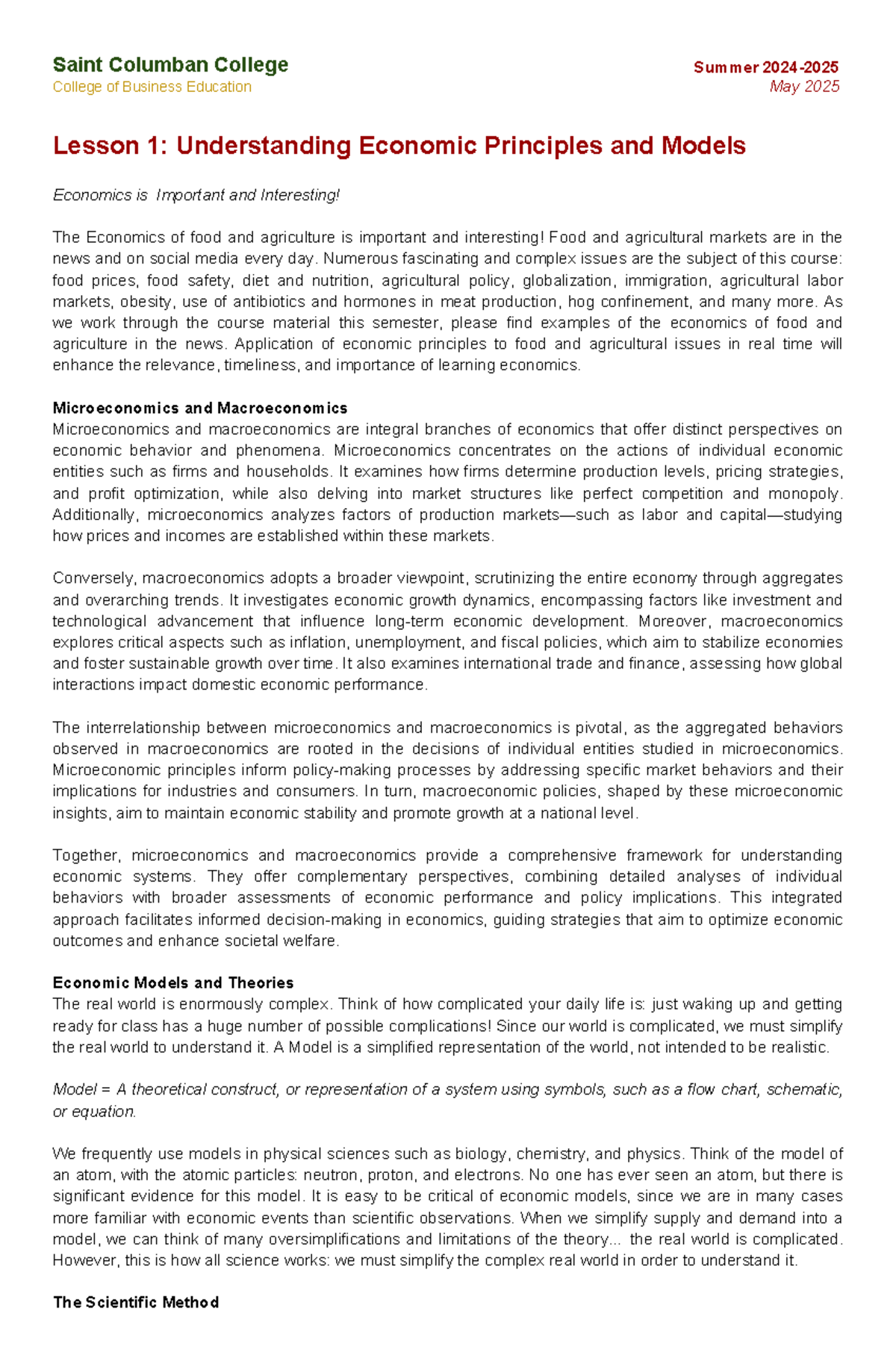 Saint Columban College Summer 2025 Lesson 1: Economic Principles ...