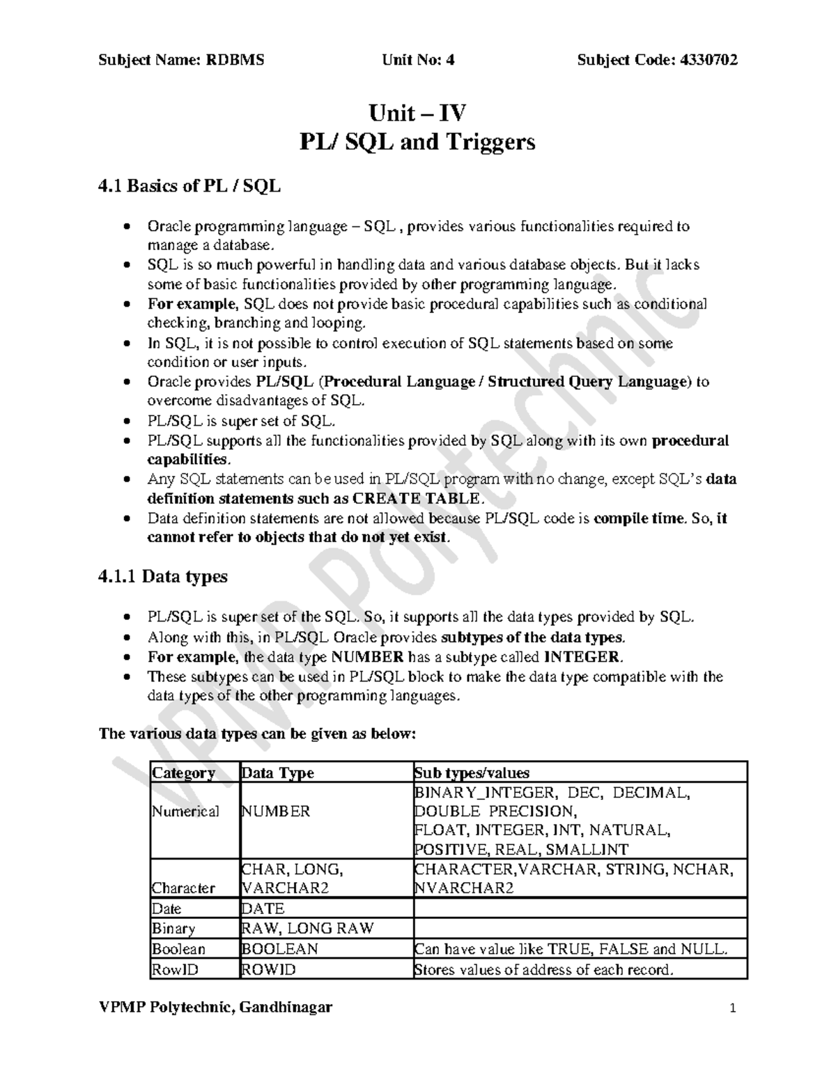 RDBMS Unit IV: SQL and Triggers Overview (Subject Code: 4330702) - Studocu