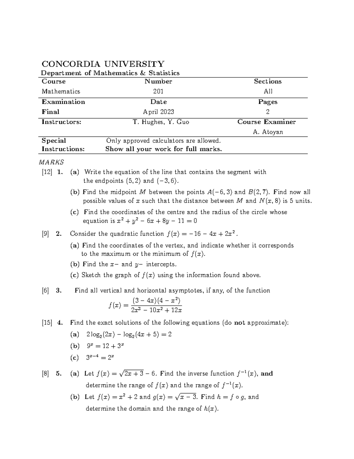 MATH 201 Final Exam Review - April 2023 - Studocu