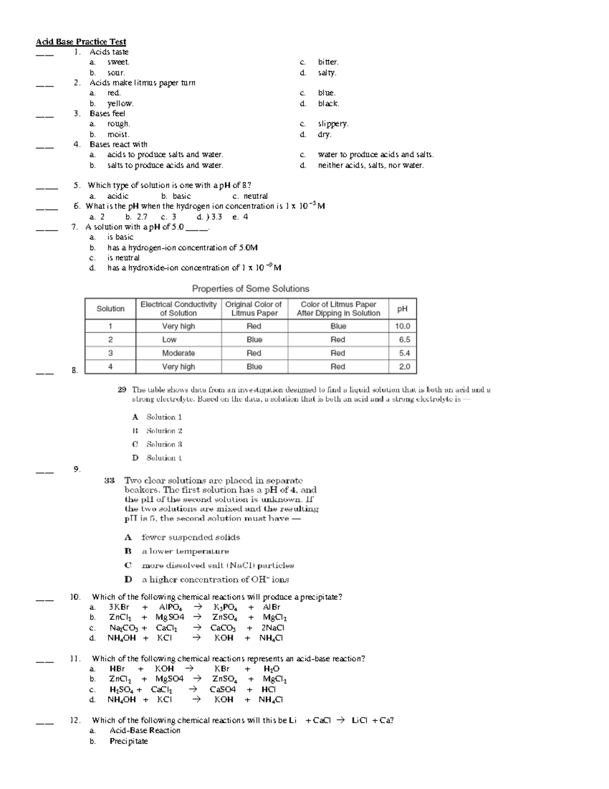 Acid-Base Practice Test 1: Key Concepts and Questions - Studocu