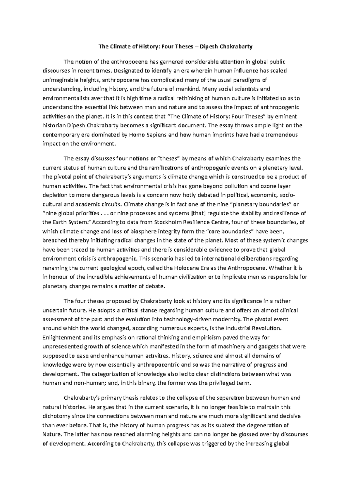 Note on The Climate of History: Four Theses by Dipesh Chakrabarty - Studocu