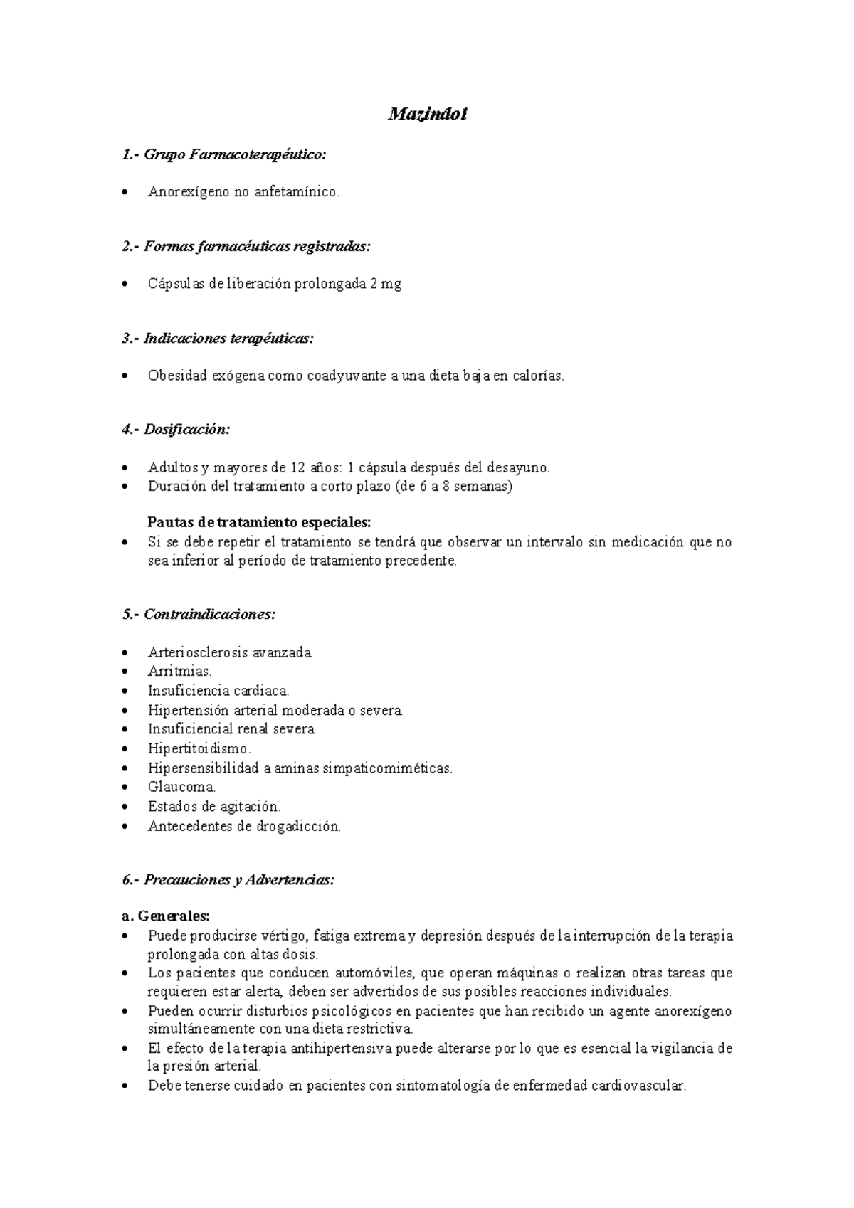 Protocolo de Mazindol: Indicaciones y Precauciones Terapéuticas - Studocu