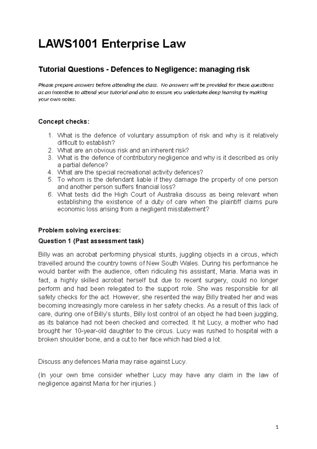 LAWS1001 Negligence Defences Tutorial Questions & Problem Solving Notes ...