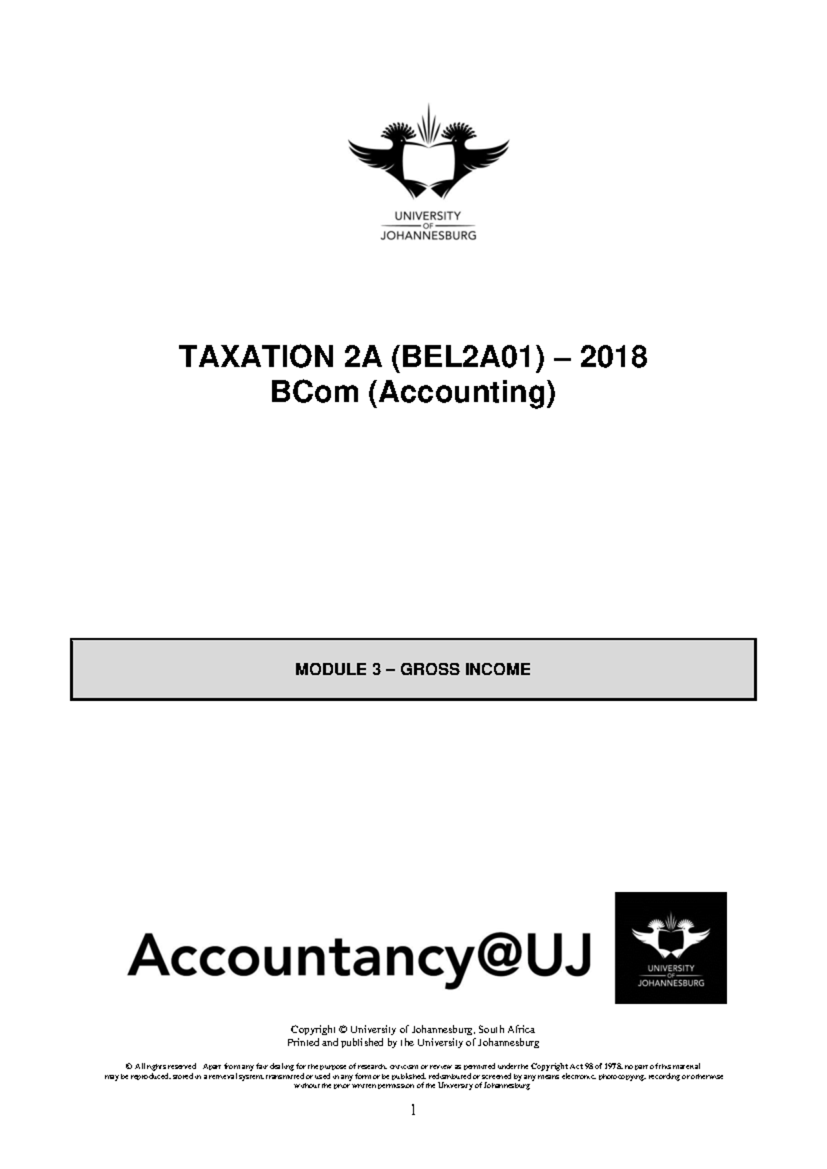 TAXATION 2A (BEL2A01) 2018 BCom (Accounting) MODULE 3: GROSS INCOME ...