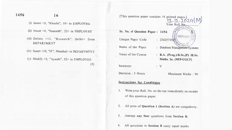 Database Management Systems (DBMS) PYQ 1456 - Question Paper - Studocu