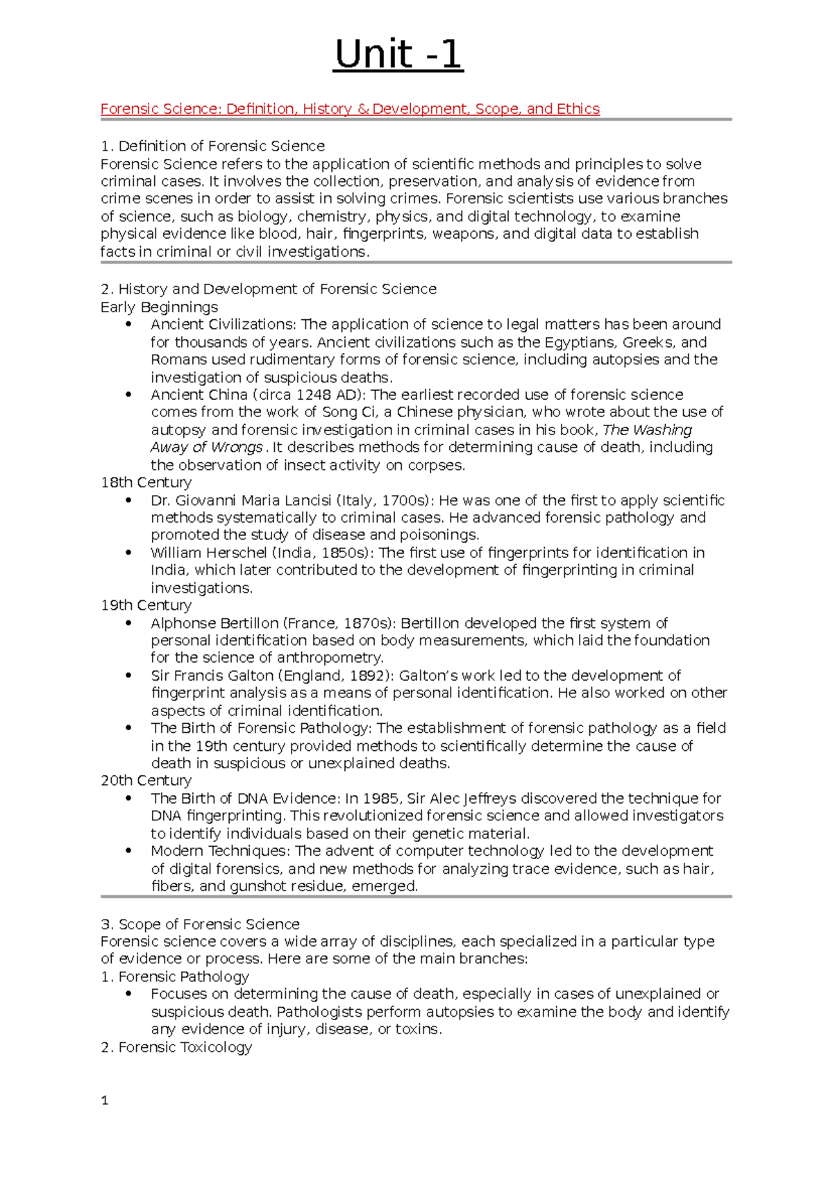 UGC Forensic Science Course Unit 1 Summary: Definition, History & Ethics - Studocu