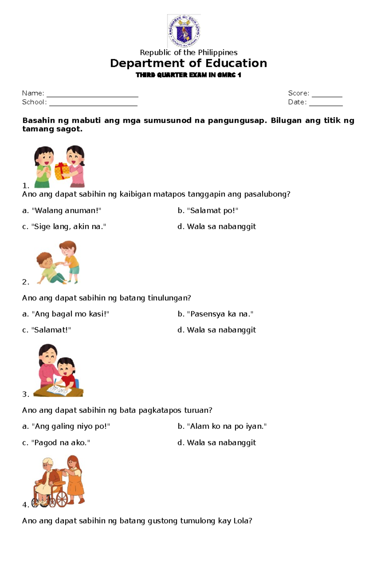 Grade 1 GMRC Third Quarter Exam Questions and Answers - Studocu