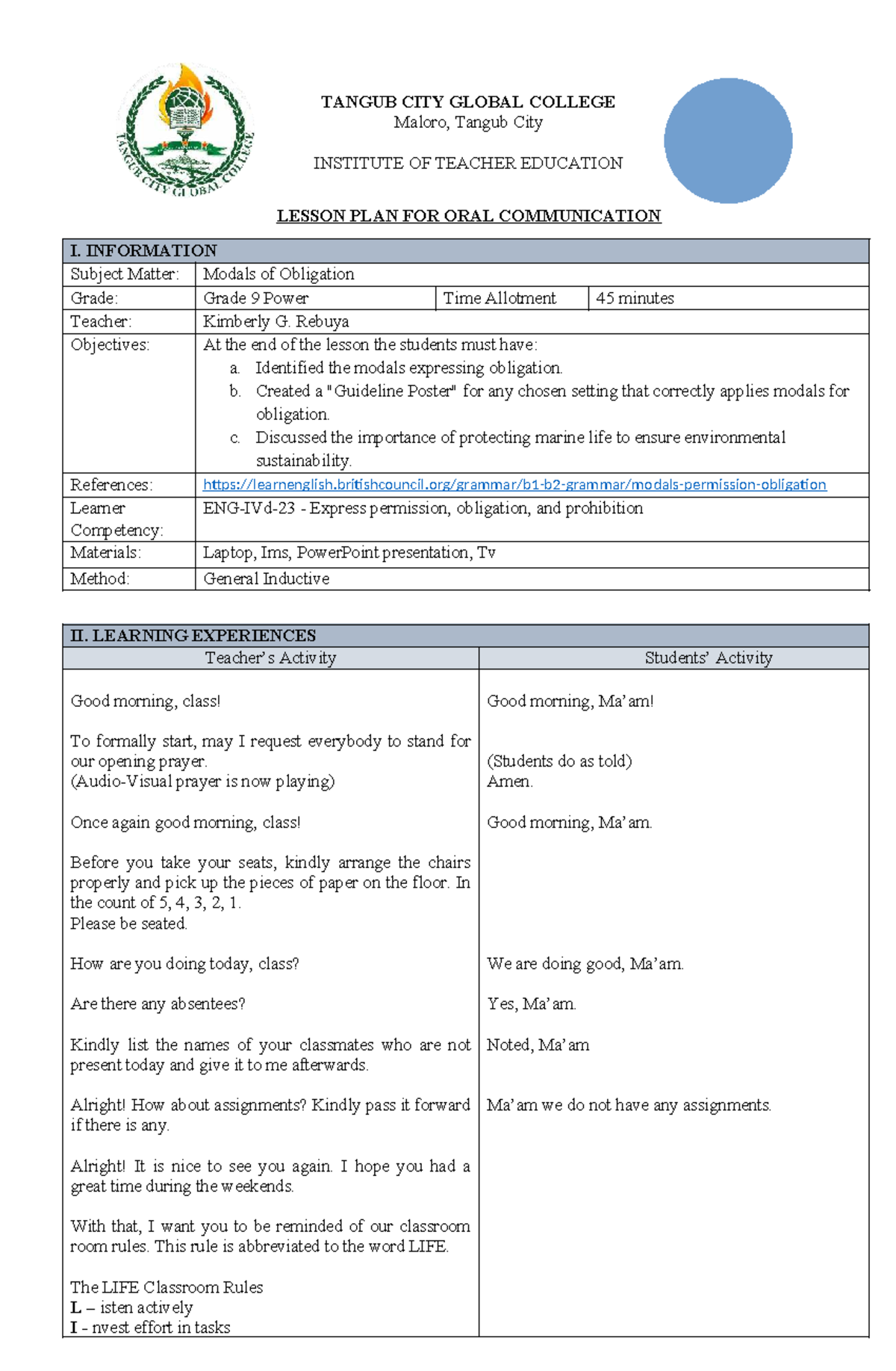 Modals of Obligation Lesson Plan for Grade 9 (G-9) - Studocu
