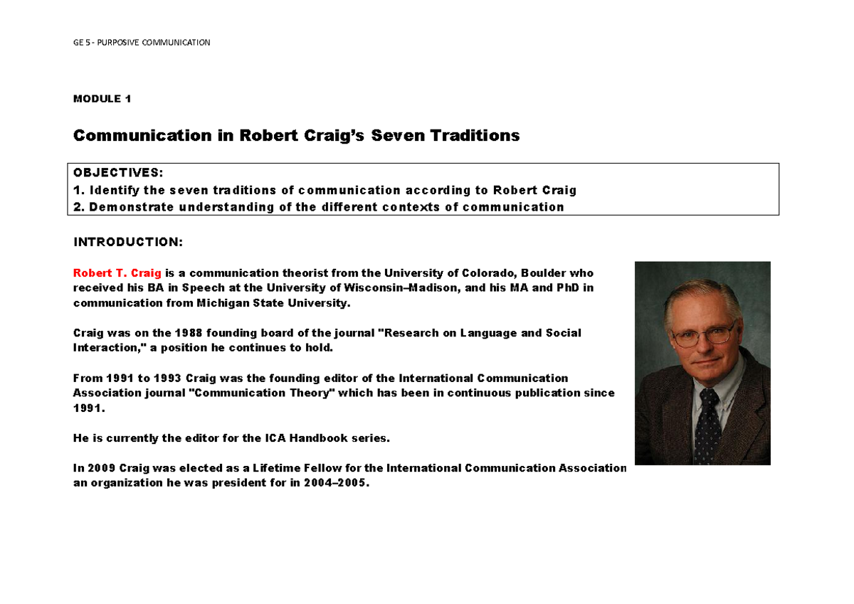 Module 1 GE 5 - Communication in Robert Craig’s Seven Traditions ...