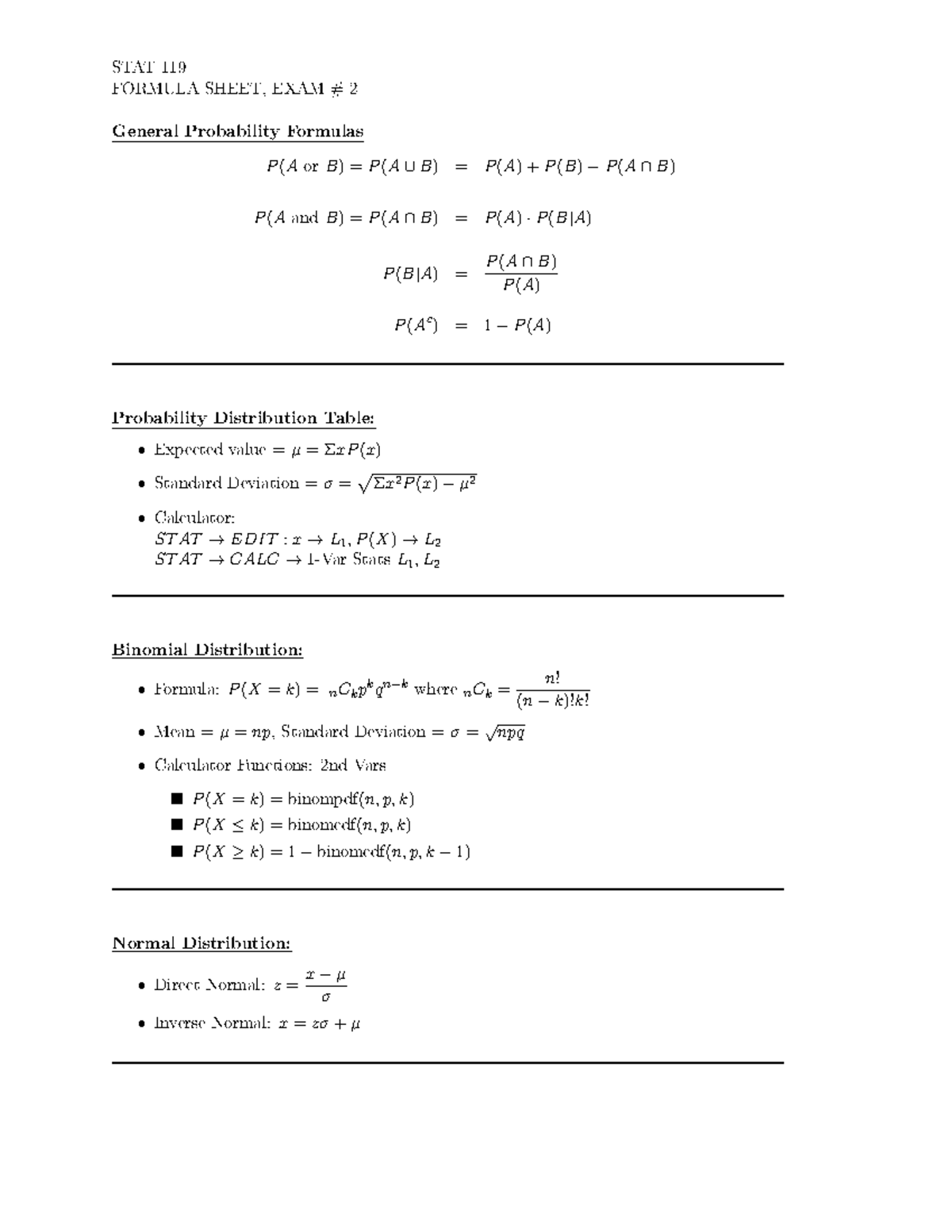 Exam 2 Formula Sheet - STAT 119 FORMULA SHEET, EXAM # 2 General ...