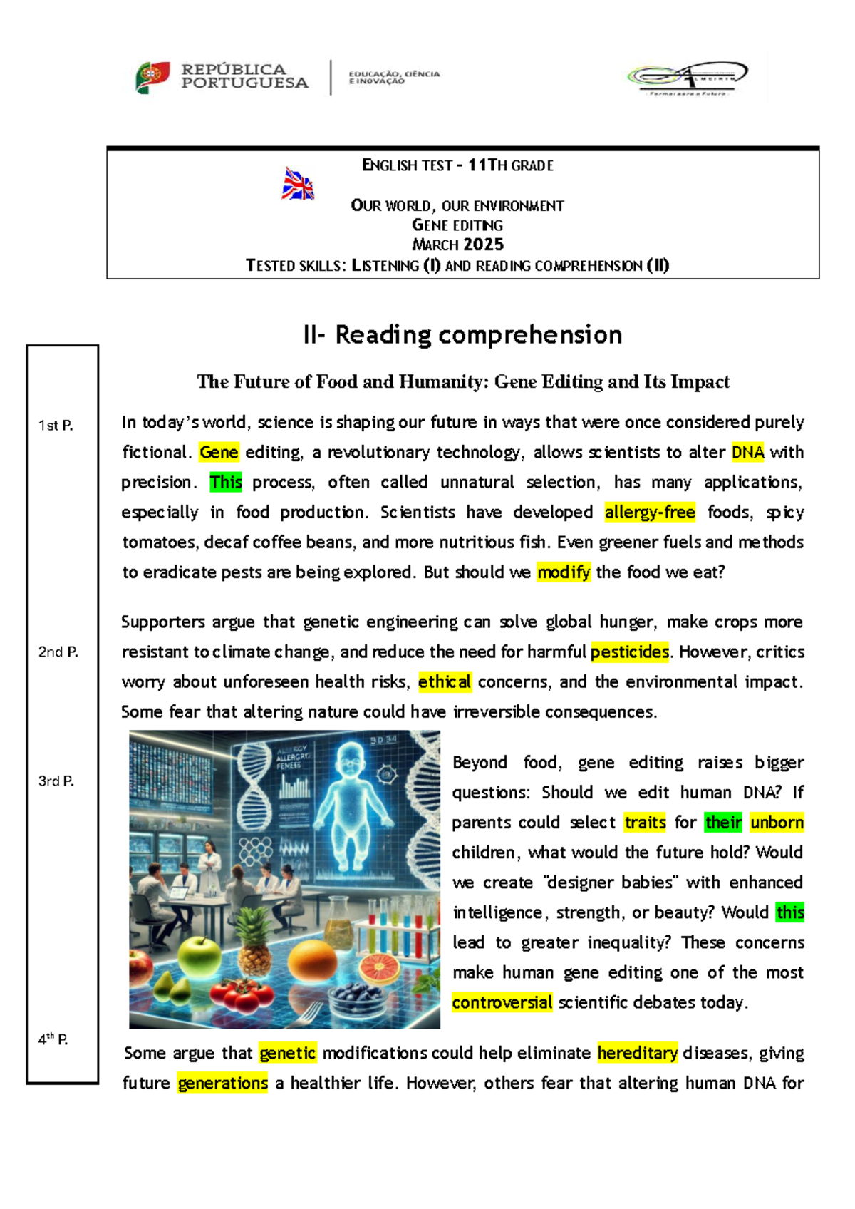 ENGLISH TEST 11TH GRADE: GENE EDITING AND ITS IMPACT - MARCH 2025 - Studocu