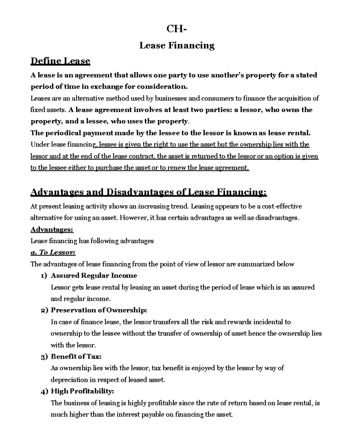 Lease - Lecture notes 5-7 - CH- Lease Financing Define Lease A lease is ...