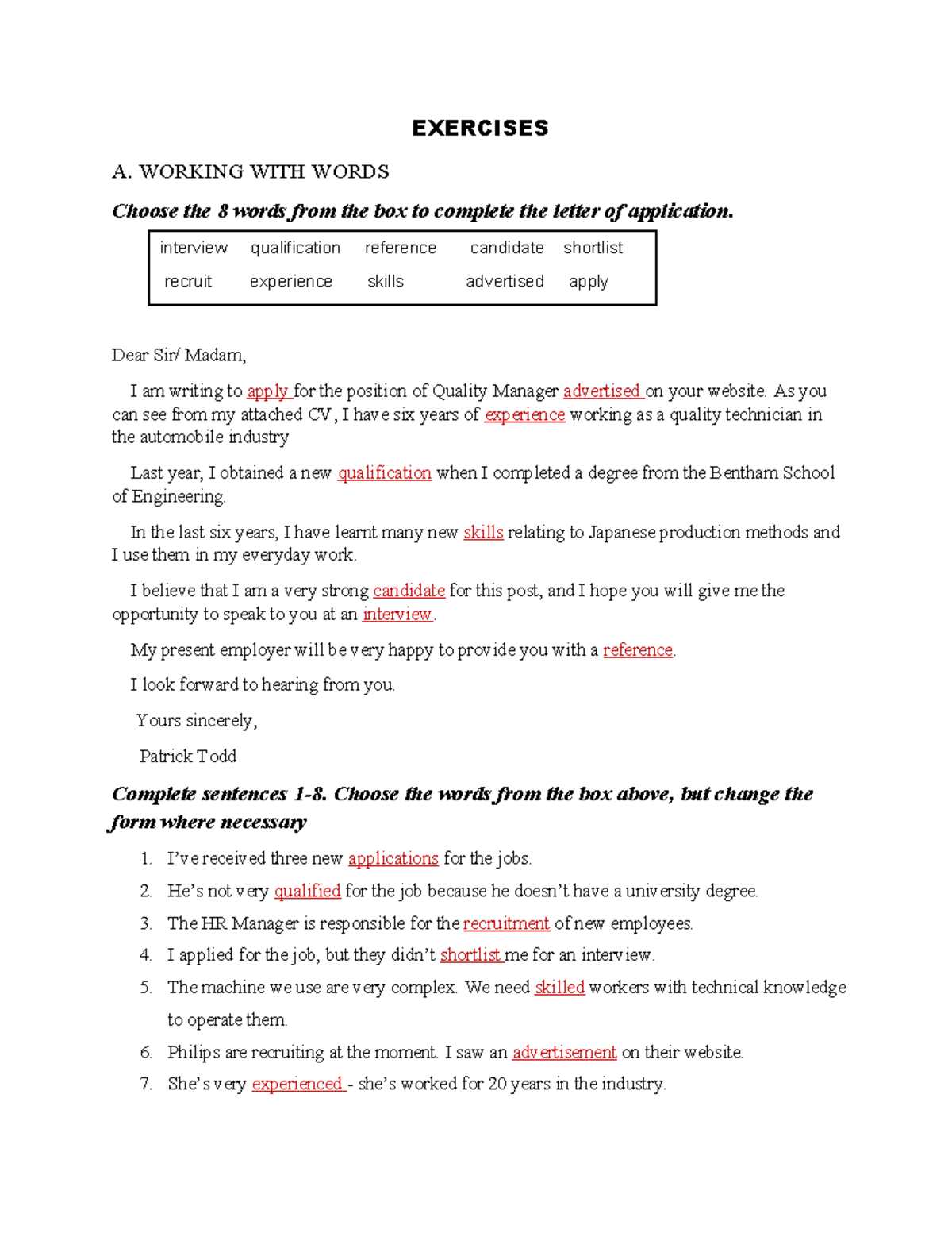 Un6 - Thdv - EXERCISES A. WORKING WITH WORDS Choose the 8 words from ...