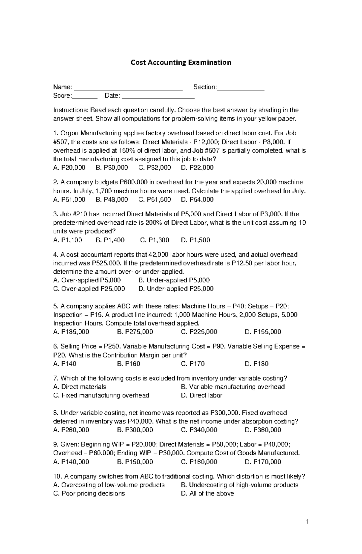 Cost Accounting Midterm Exam: Comprehensive Review and Questions - Studocu