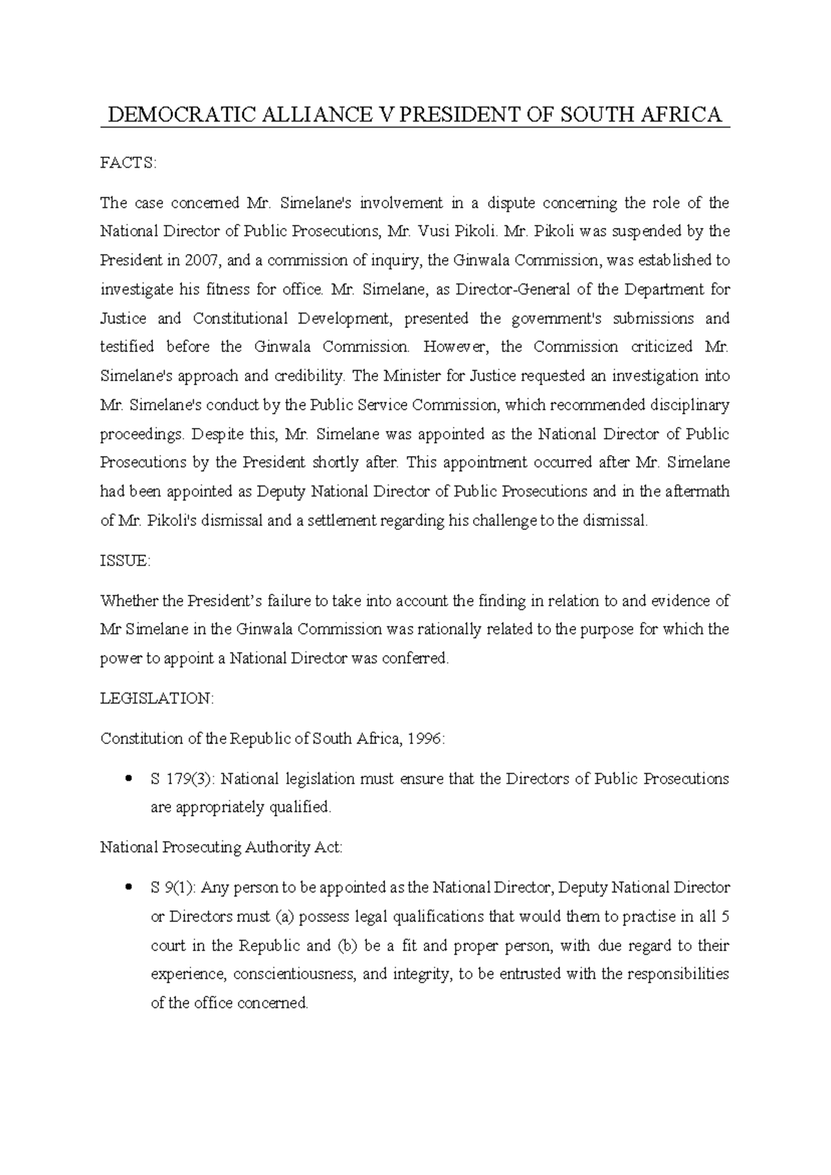 DA v President of RSA: Summary of Constitutional Law Issues and ...