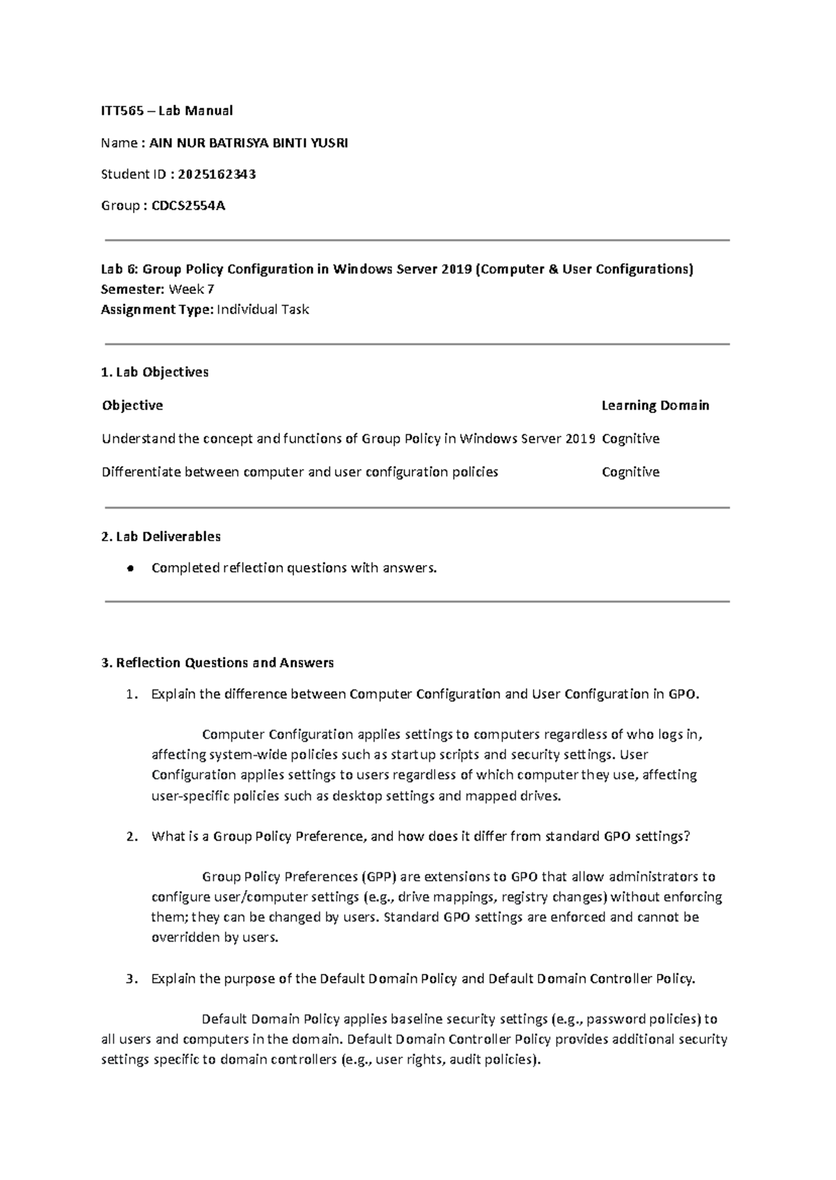 ITT565 Lab 6: Group Policy Config in Windows Server 2019 - Studocu