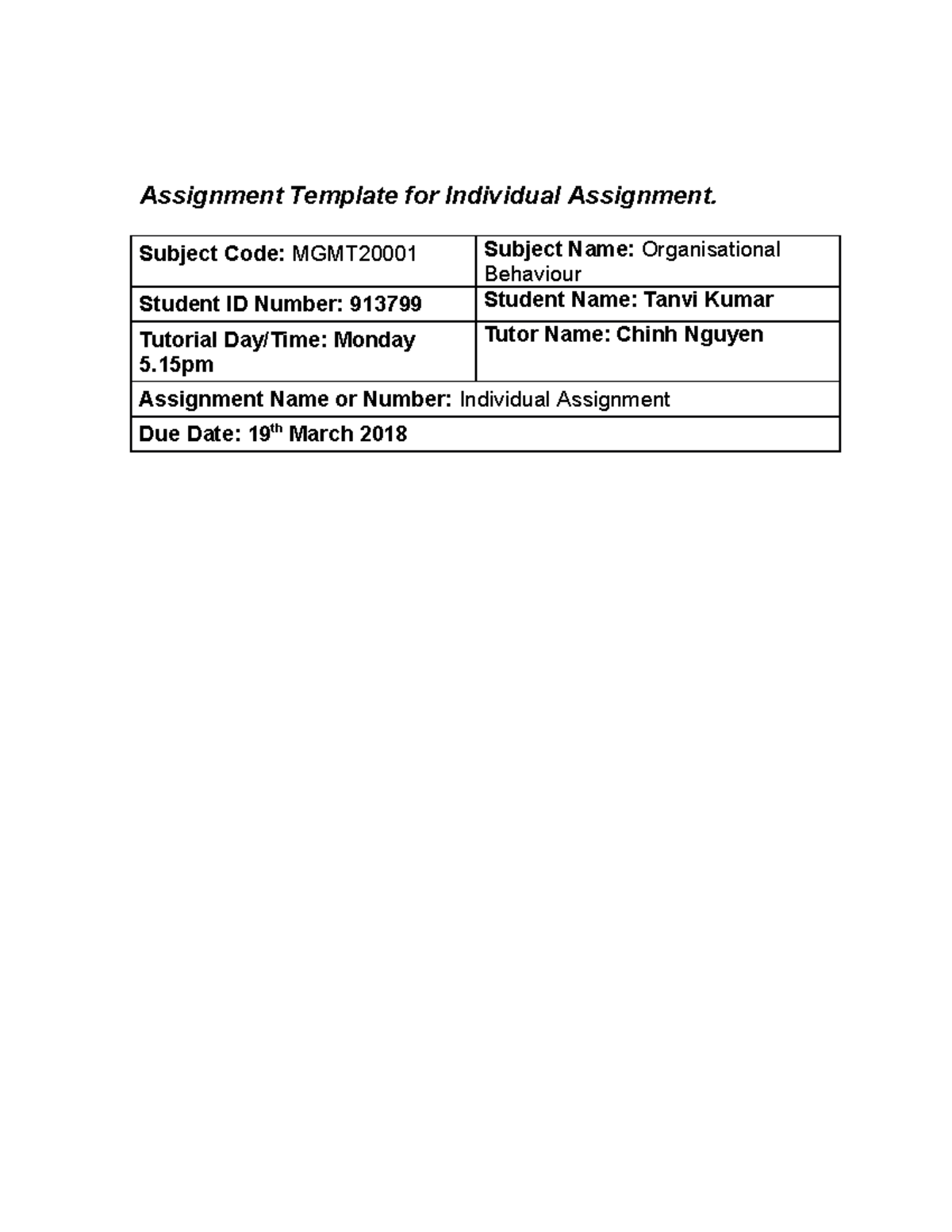 OB assignment 1 - Assignment Template for Individual Assignment ...