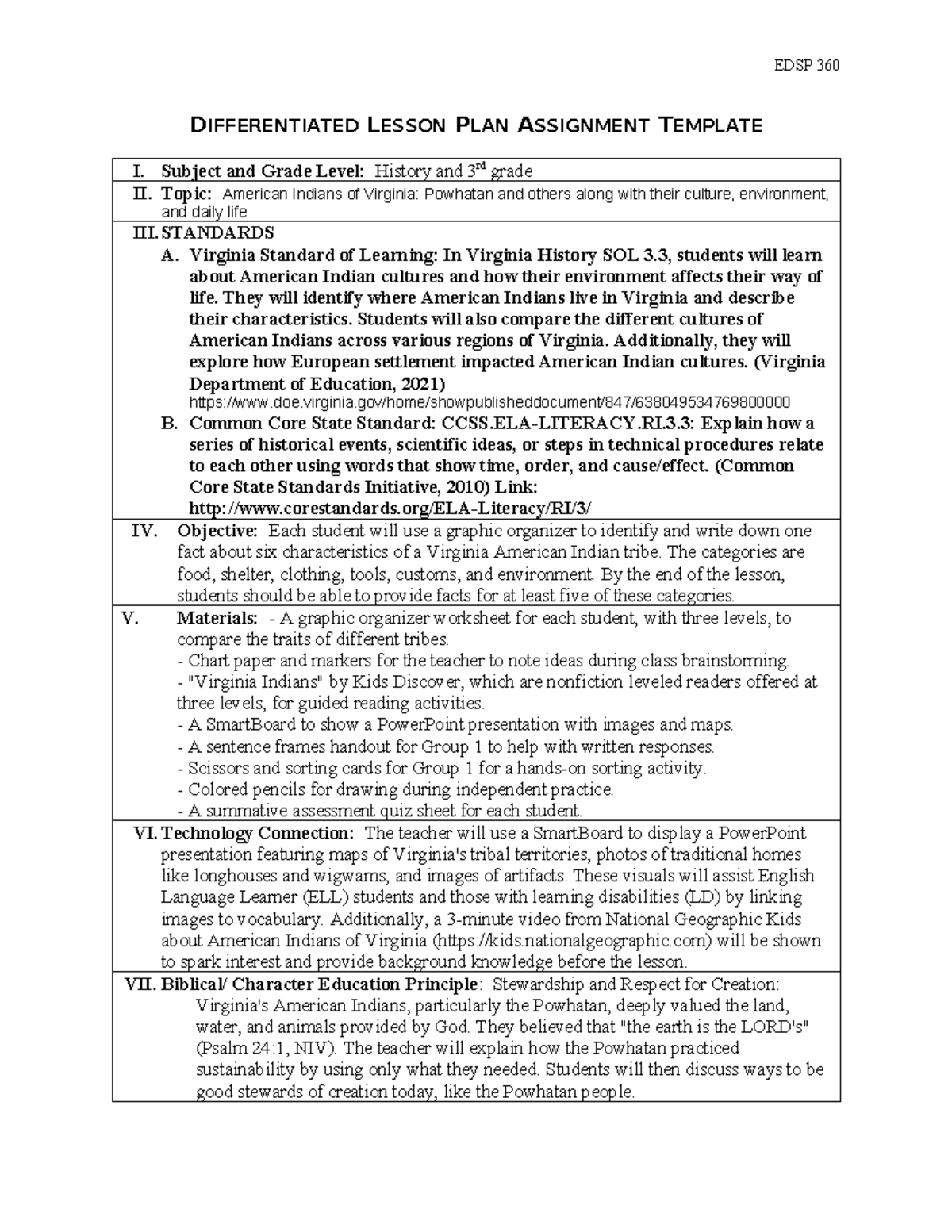 EDSP 360 Differentiated Lesson Plan: American Indians of Virginia - Studocu
