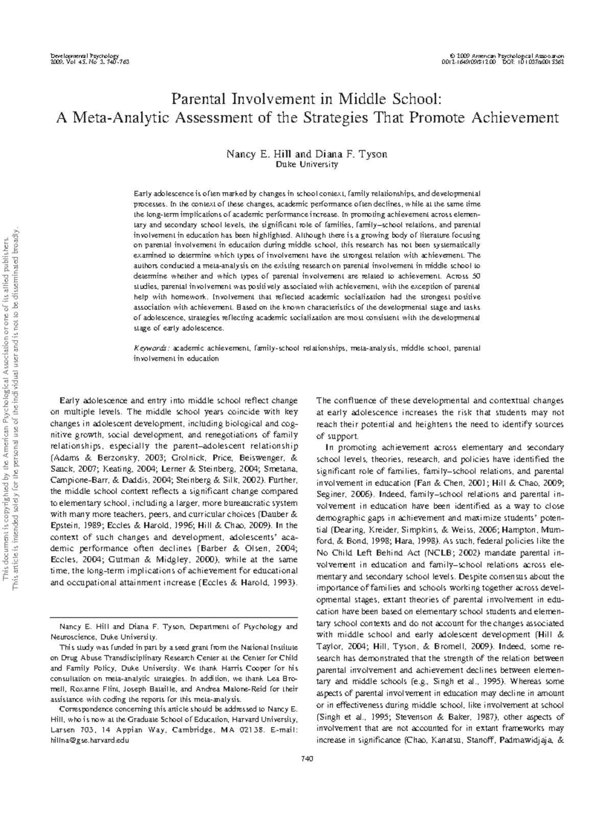 Parental Involvement and Academic Achievement: A Meta-Analysis (PSY 2009) - Studocu