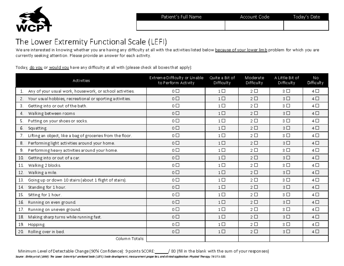 Lower Extremity Functional Scale - Please provide an answer for each ...