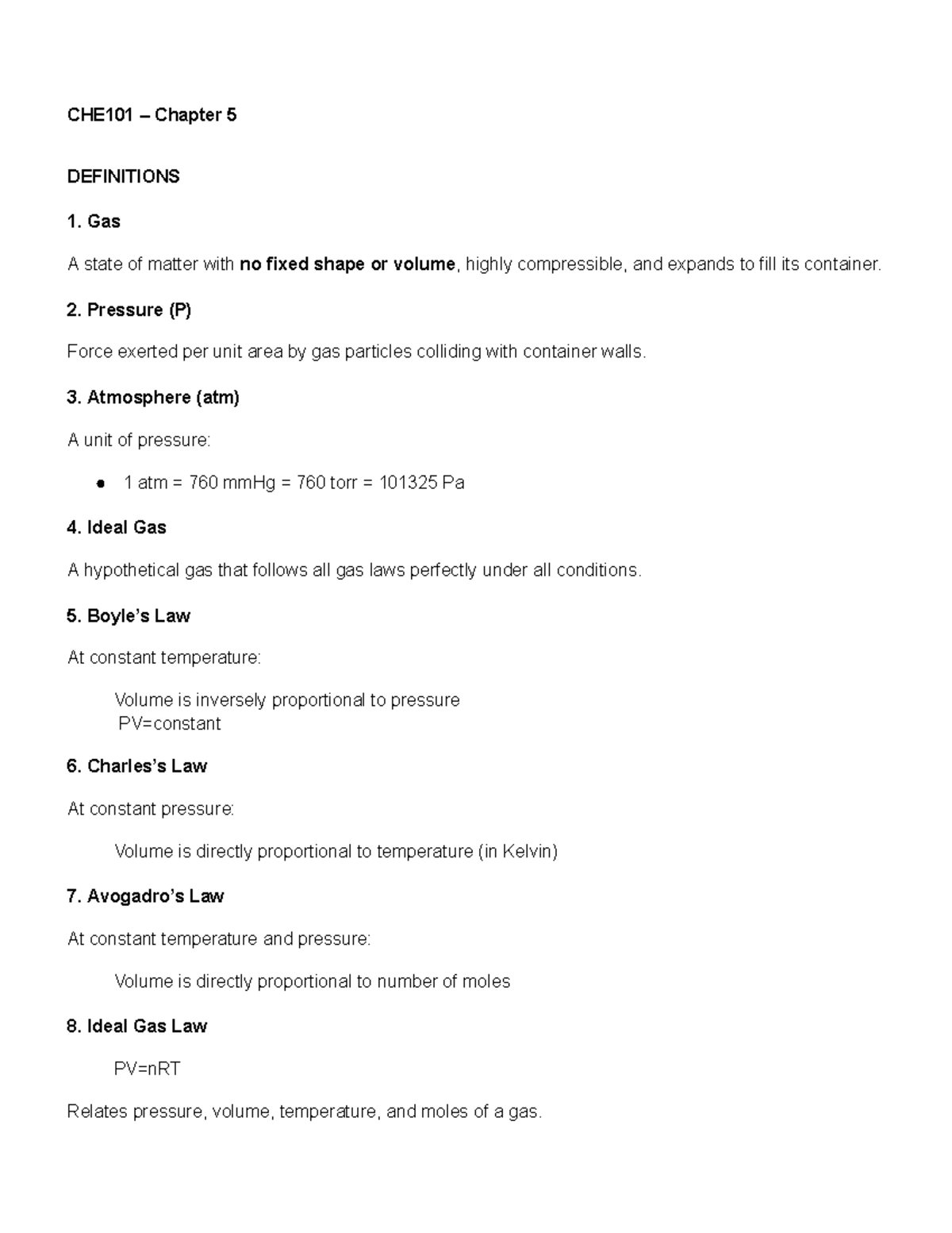CHE101 Chapter 5 Gas Laws and Definitions Notes - Studocu
