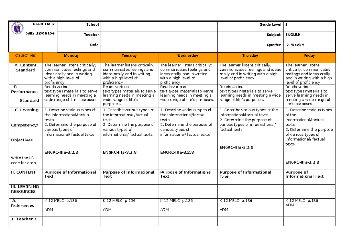 WEEK 2 Daily Lesson Log for Grade 1-12 English Class - Studocu