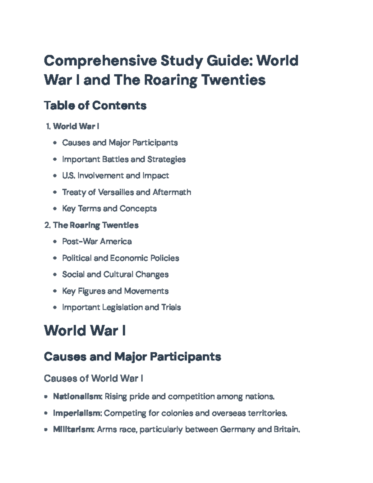Comprehensive Study Guide for WWI and the Roaring Twenties (HIST101 ...