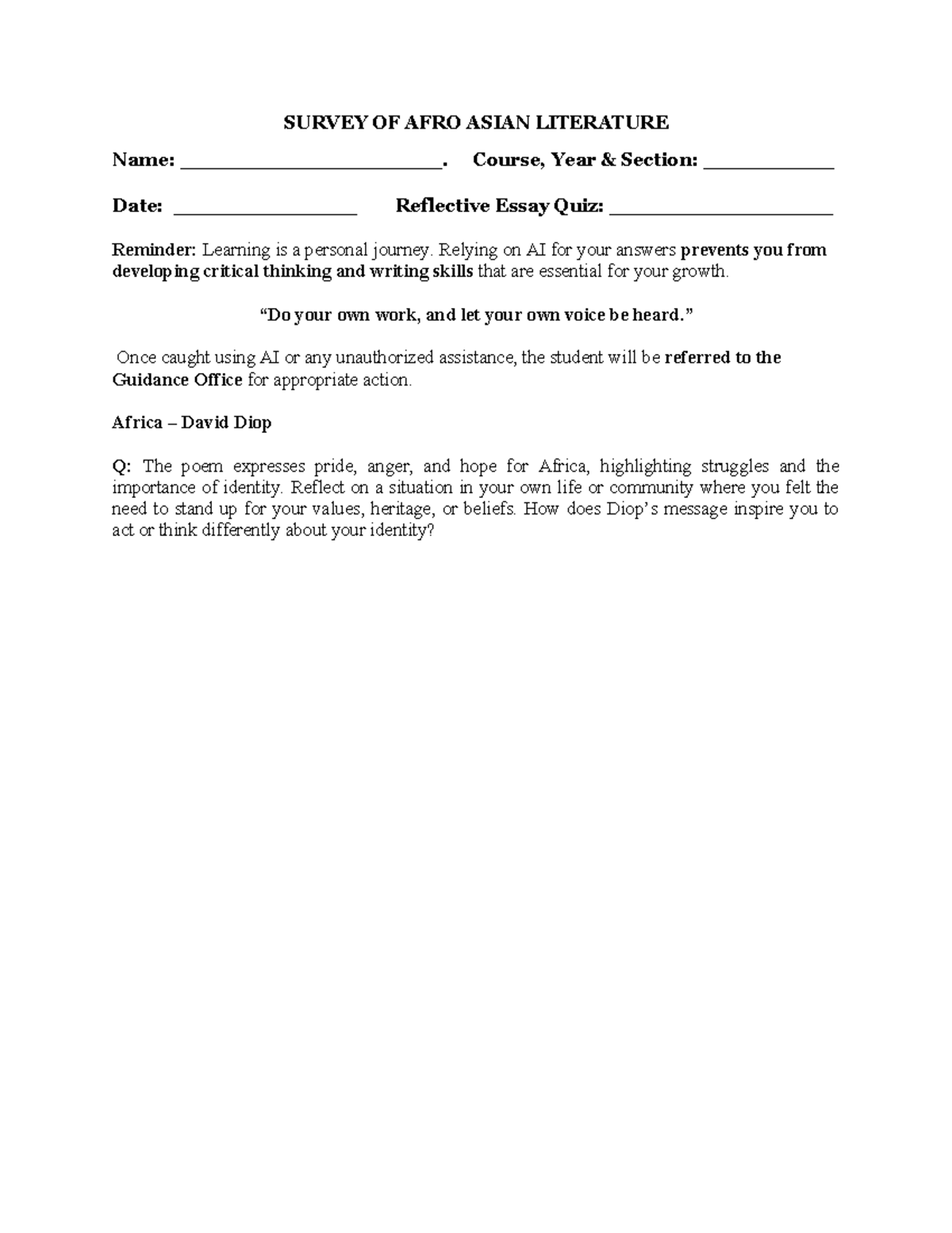 AFRO ASIAN LIT: Reflective Essay Quiz on Identity & Values - Studocu