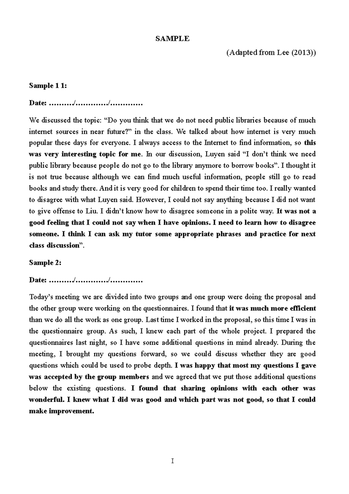 Journal Writing. Sample - SAMPLE (Adapted from Lee (2013)) Sample 1 1 ...