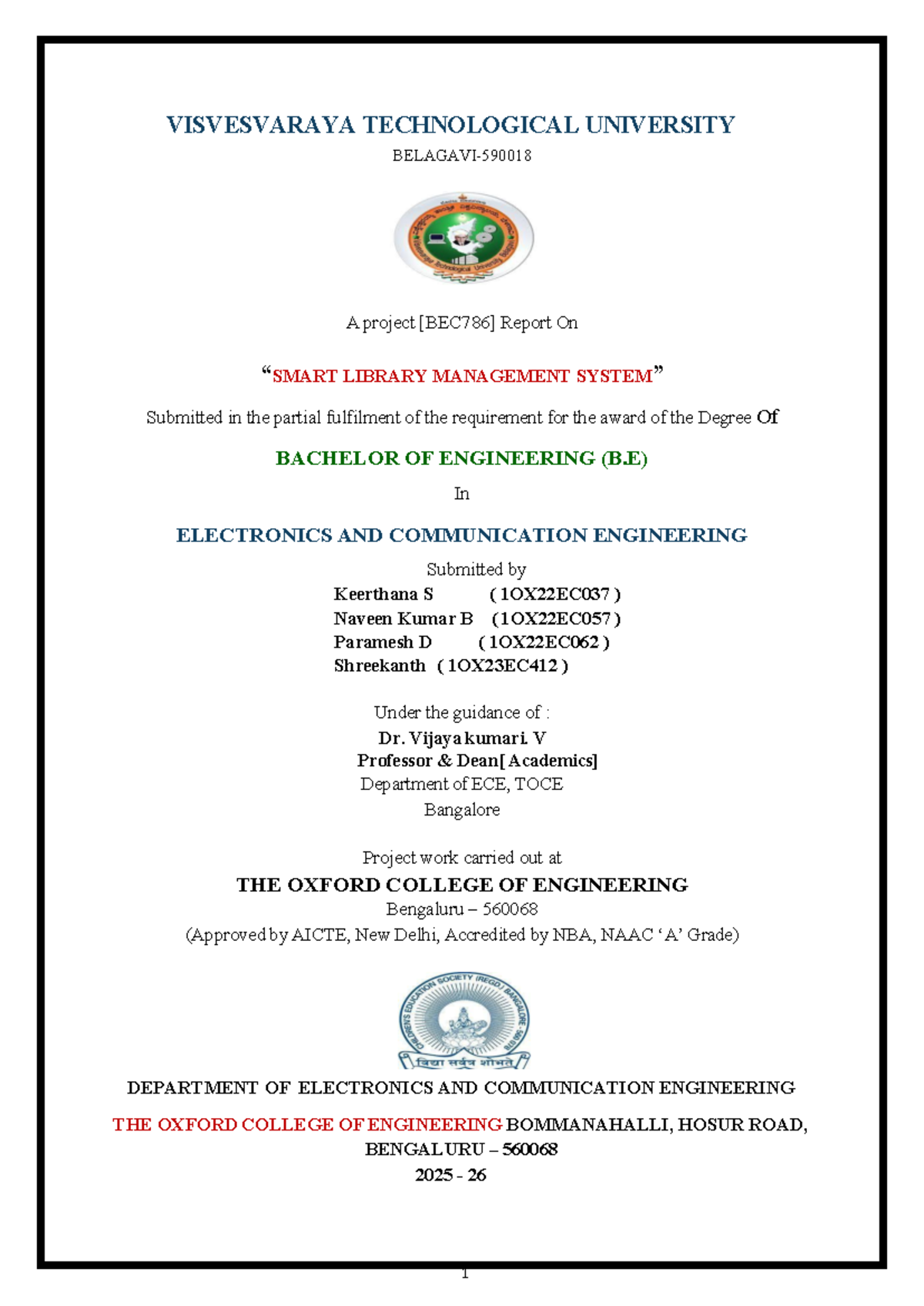 B.E. Project Report on SMART Library Management System (1OX22EC037 ...