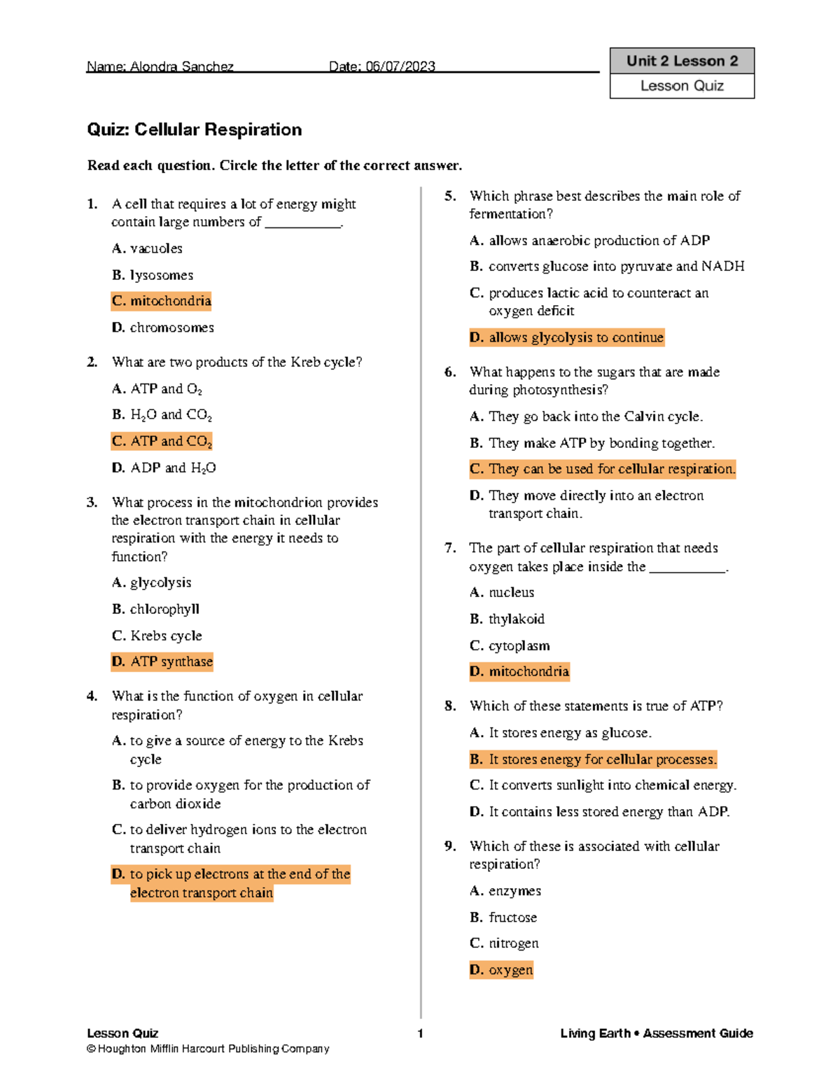 Cellular Respiration Quiz Answers - Lesson Review and Insights - Studocu