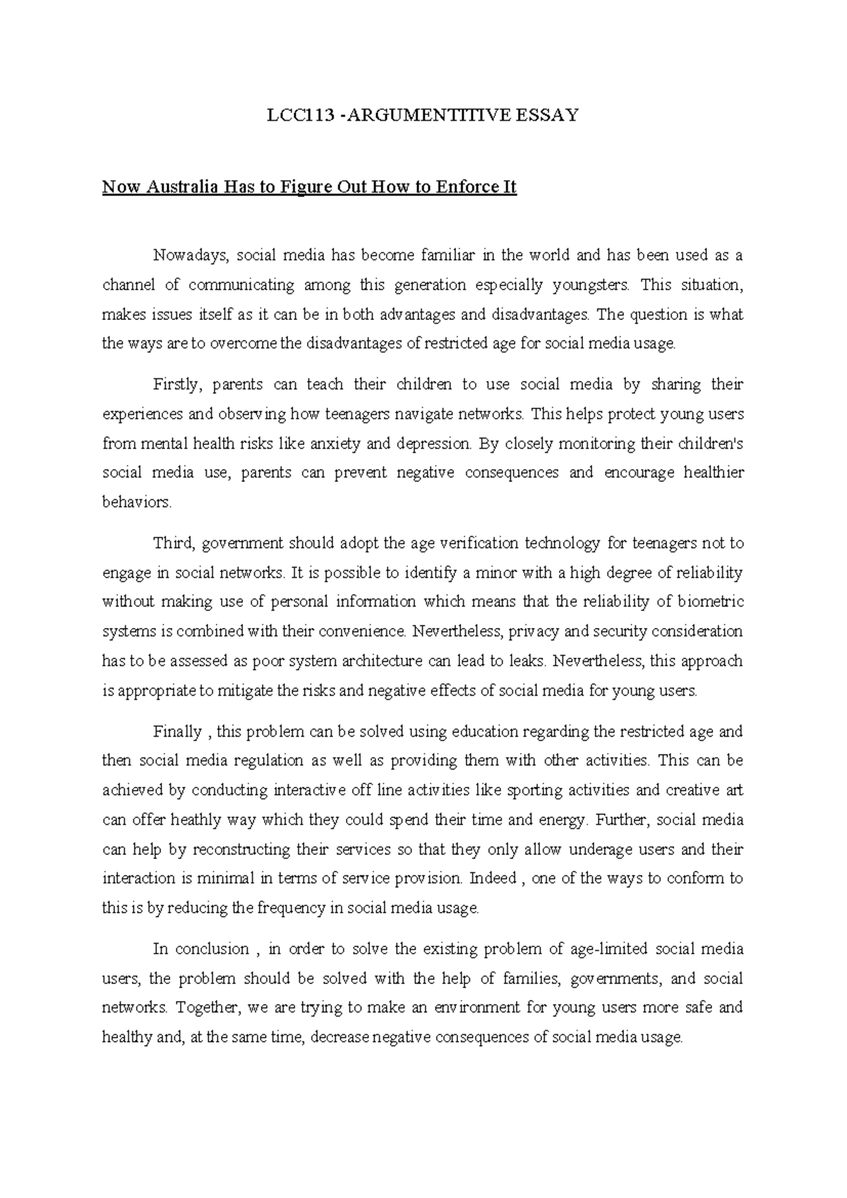 LCC113 - Argumentative Essay on Social Media Age Restrictions - Studocu