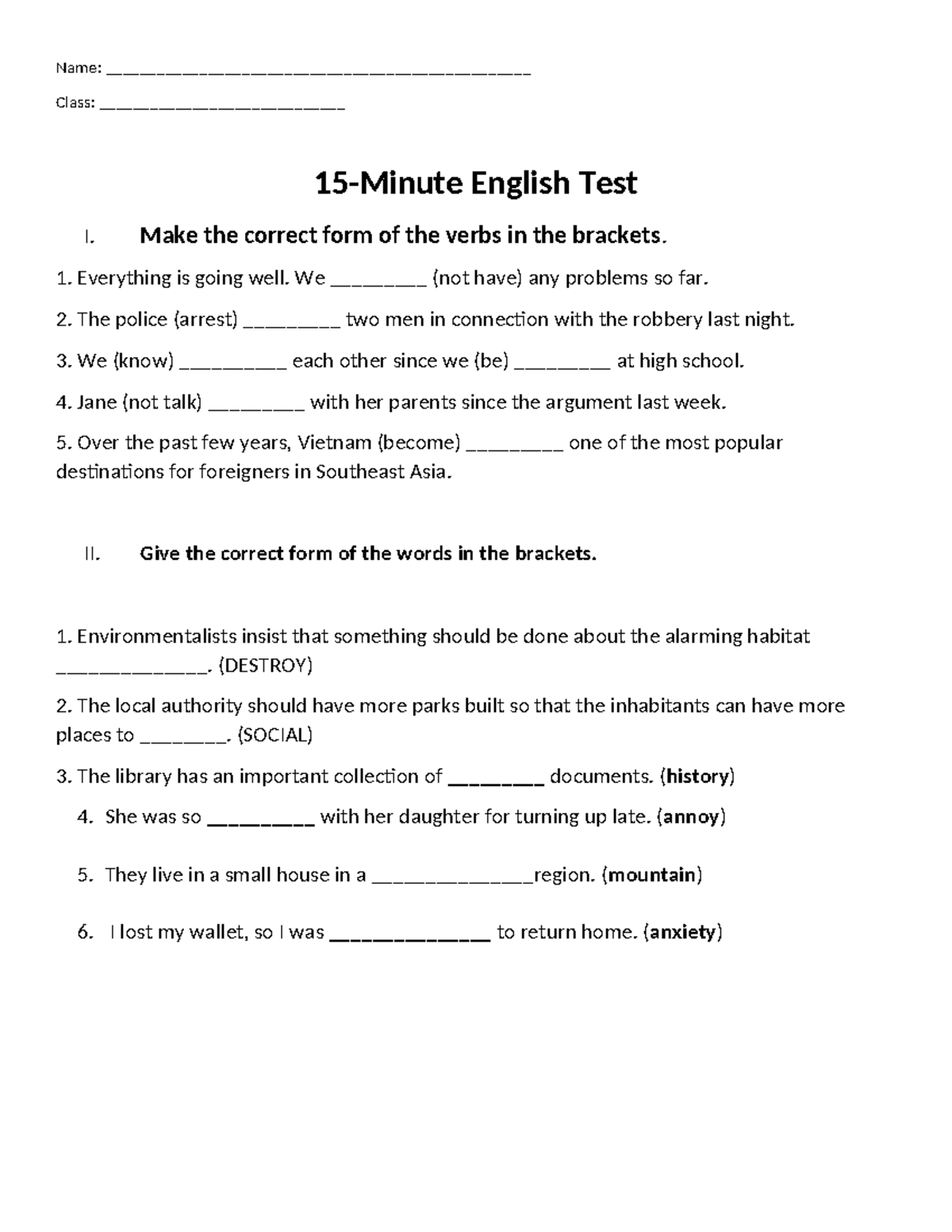 English Test I: Verb Forms & Word Transformations (Kt 15p dot 2 -2 ...