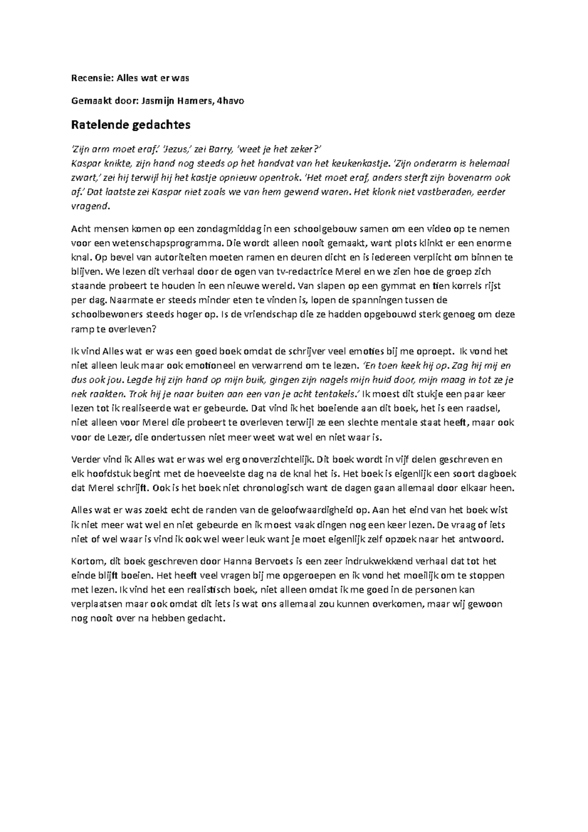 Recensie van 'Alles wat er was' door Jasmijn Hamers, 4havo - Studeersnel