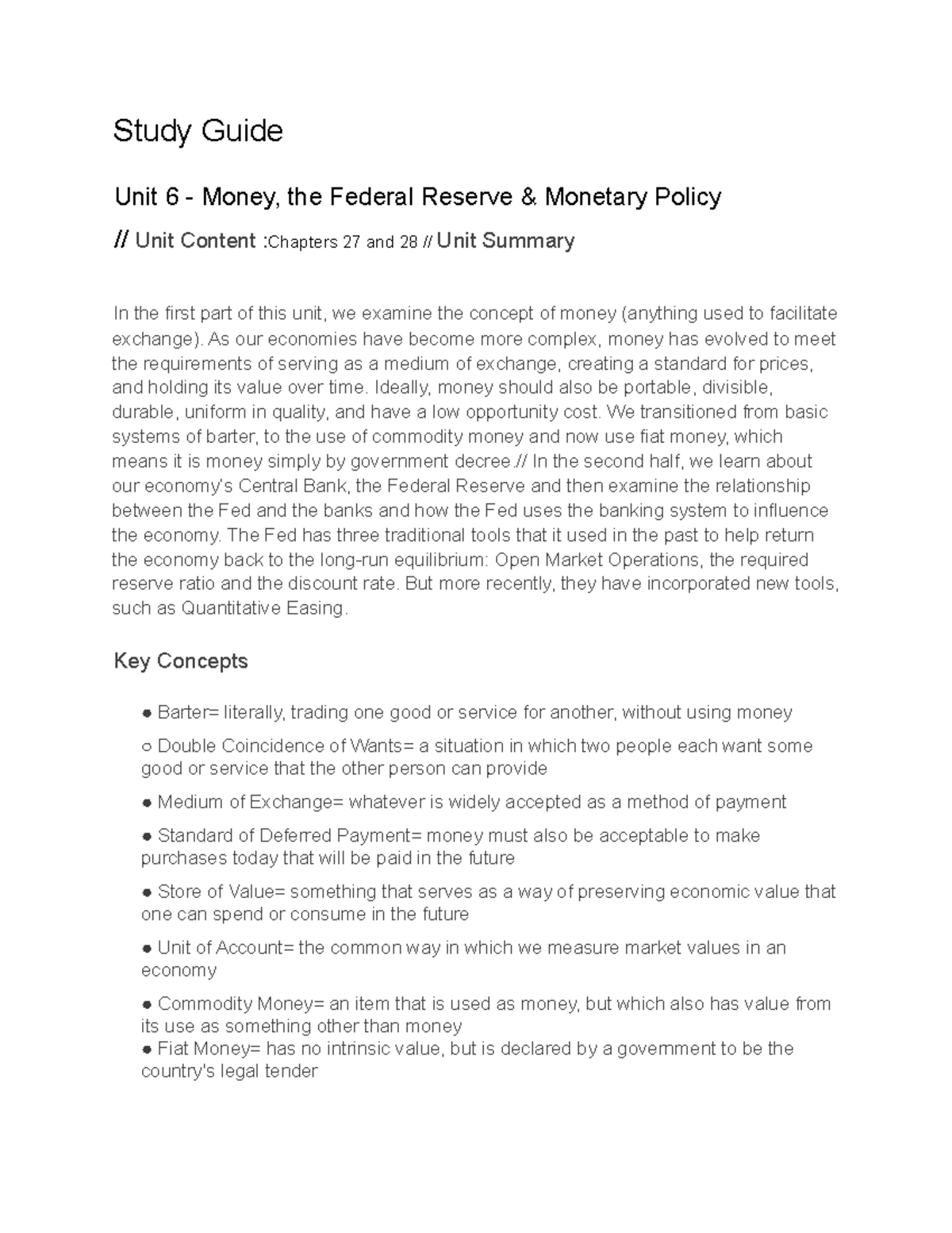 Unit 6 Study Guide - Study Guide Unit 6 - Money, the Federal Reserve ...