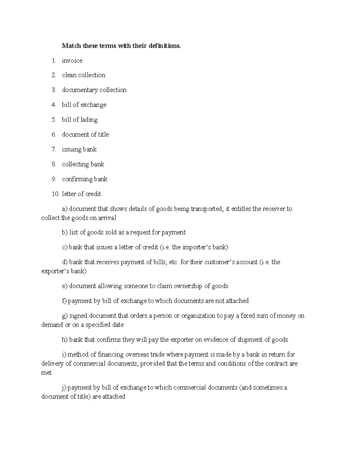 Bai tap - Matching Terms and Definitions in Trade Finance - Studocu