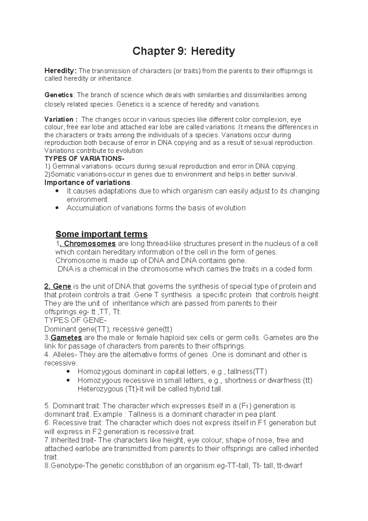 Chapter 9: Heredity and Genetics - Class 10 BRGS Notes - Studocu