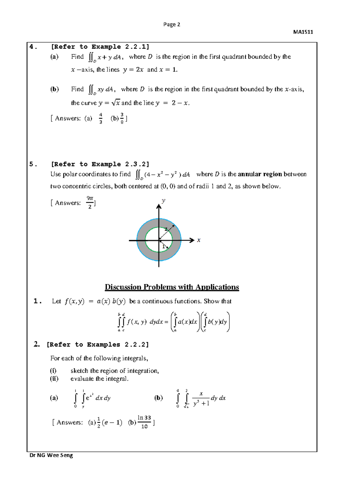MA1511 Tutorial 2: Double Integrals and Volume Calculations - Studocu