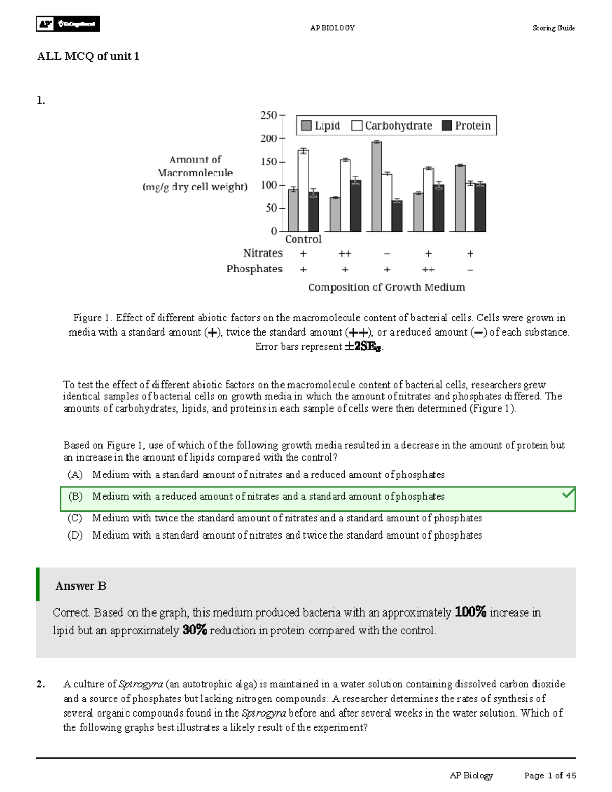 AP BIOLOGY Unit 1 MCQ Scoring Guide with Answers - Studocu
