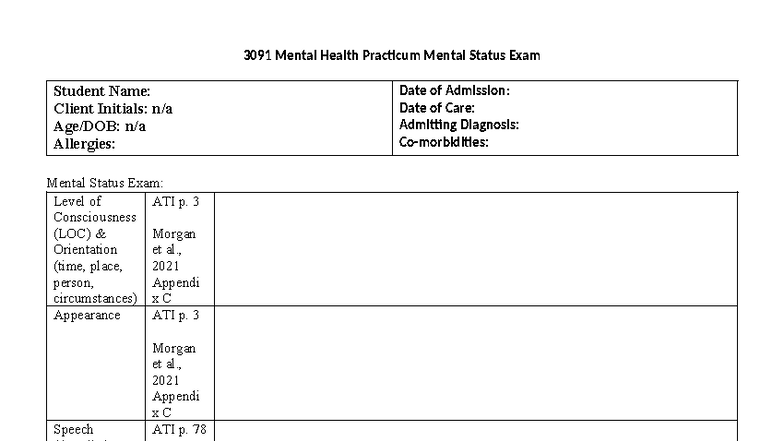 3091 Clinical MSE template - Student Name: Client Initials: n/a Age/DOB ...