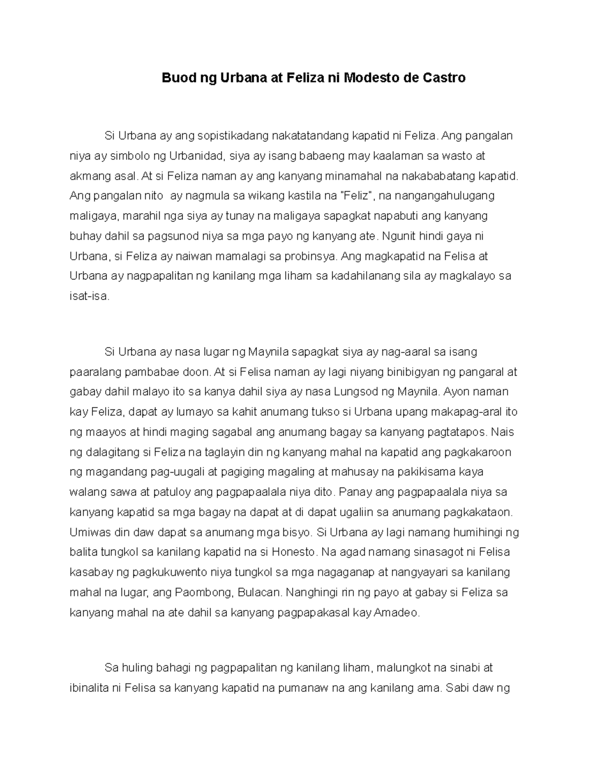 Buod at mga Katanungan sa Urbana at Feliza (Literature 101) - Studocu