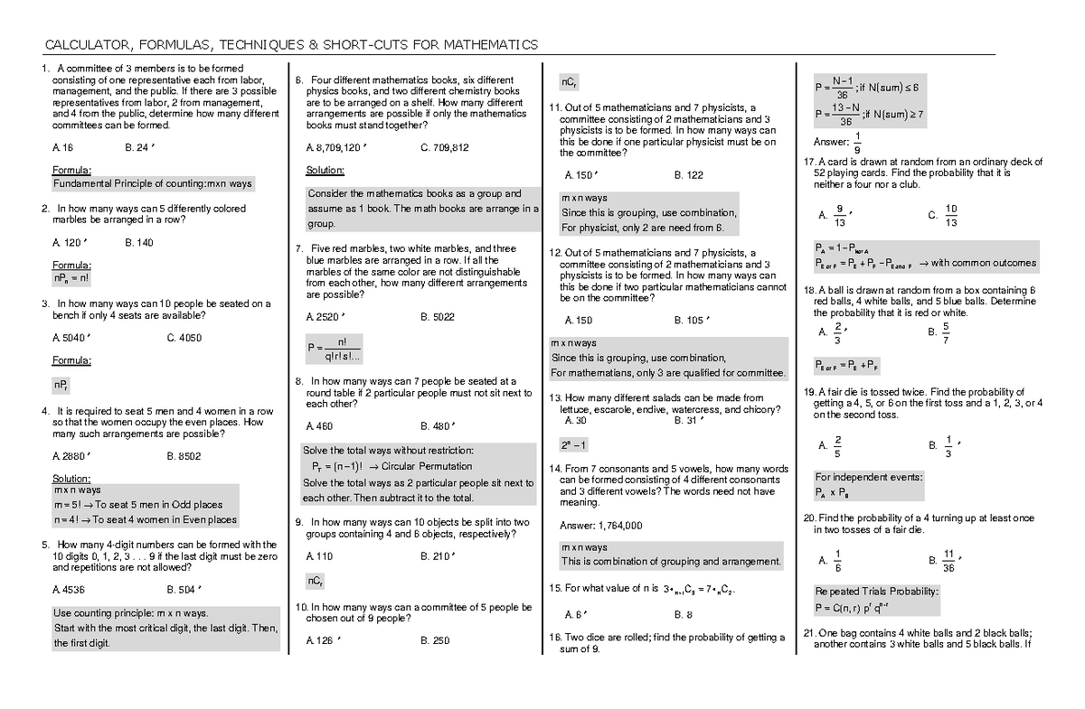 Cal. Tech 15 - Math Calculator Techniques & Short-Cuts Guide - Studocu